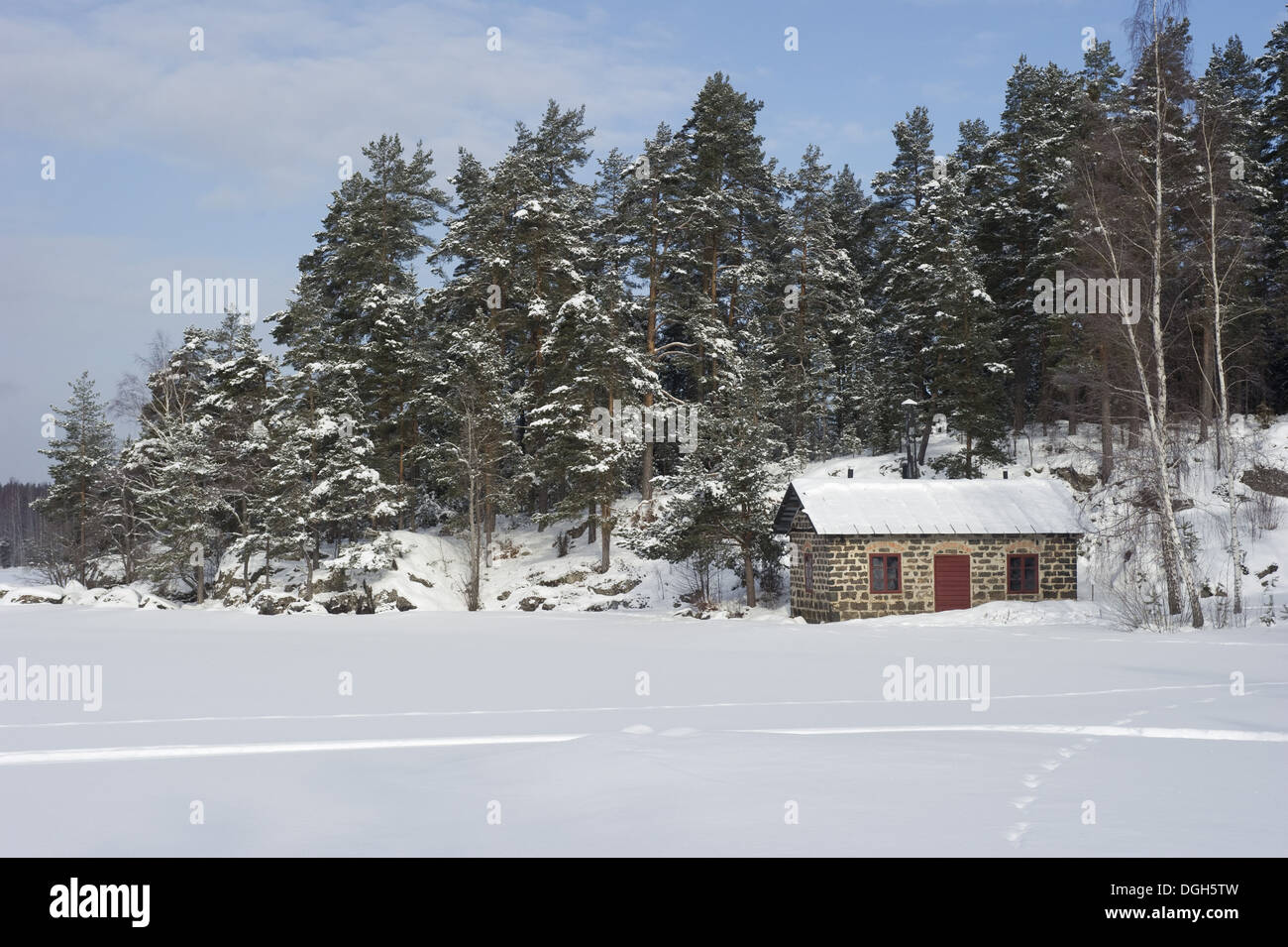 View of cabin in snow, Oljeon (Oil Island), Angelsberg, Fagersta ...