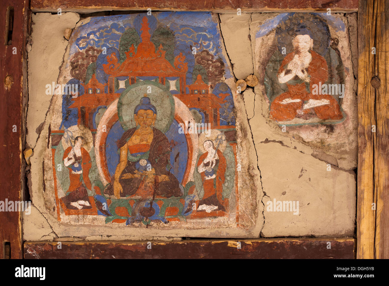 Old mural at Buddhist monastery wall. India, Ladakh, Hemis monastery ...