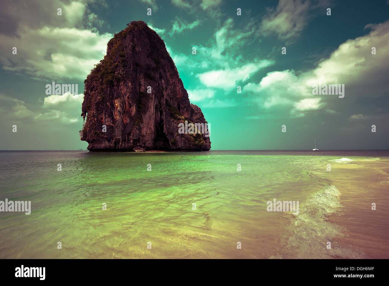 Tropical beach view in vintage style. Ocean landscape with rock ...