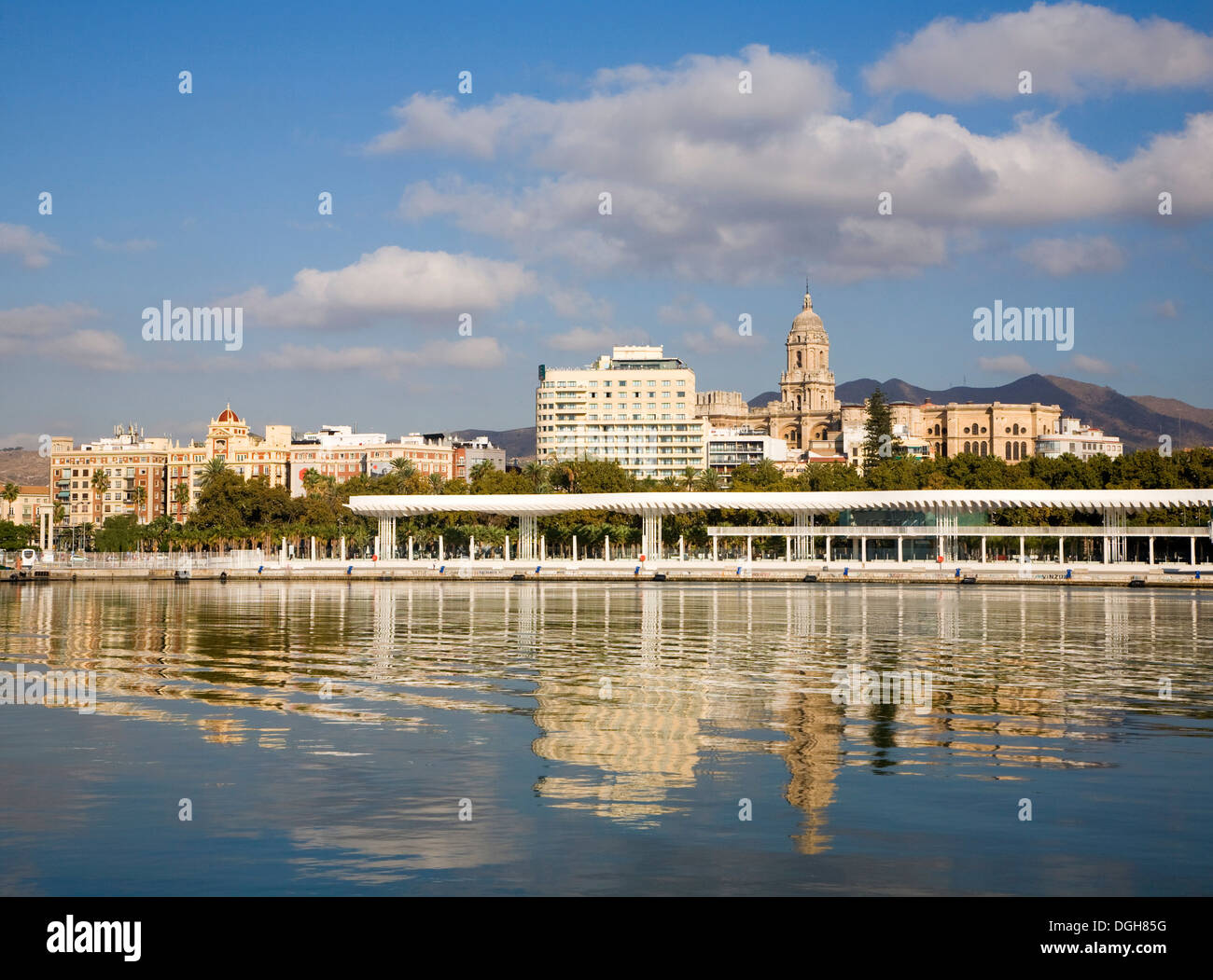 View over new port cruise terminal to city and cathedral Malaga Spain ...