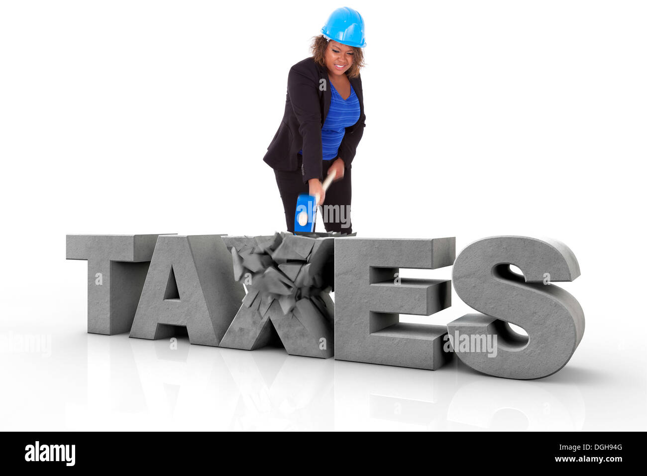 African American woman wearing a protection helmet braking a 3d taxes ...