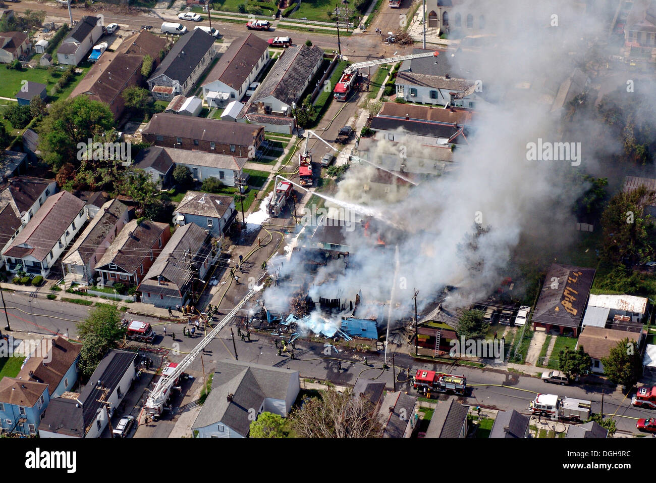 Aerial view of fires burning in neighborhoods in the aftermath of ...