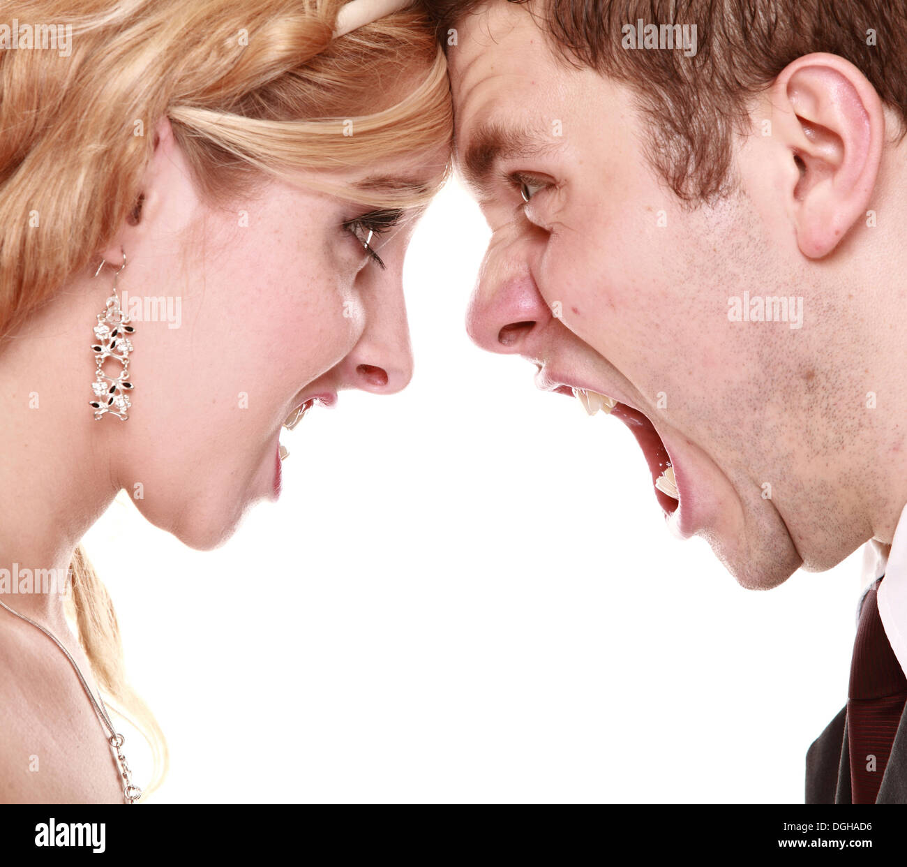 Wedding couple relationship difficulties. Angry woman man yelling at ...