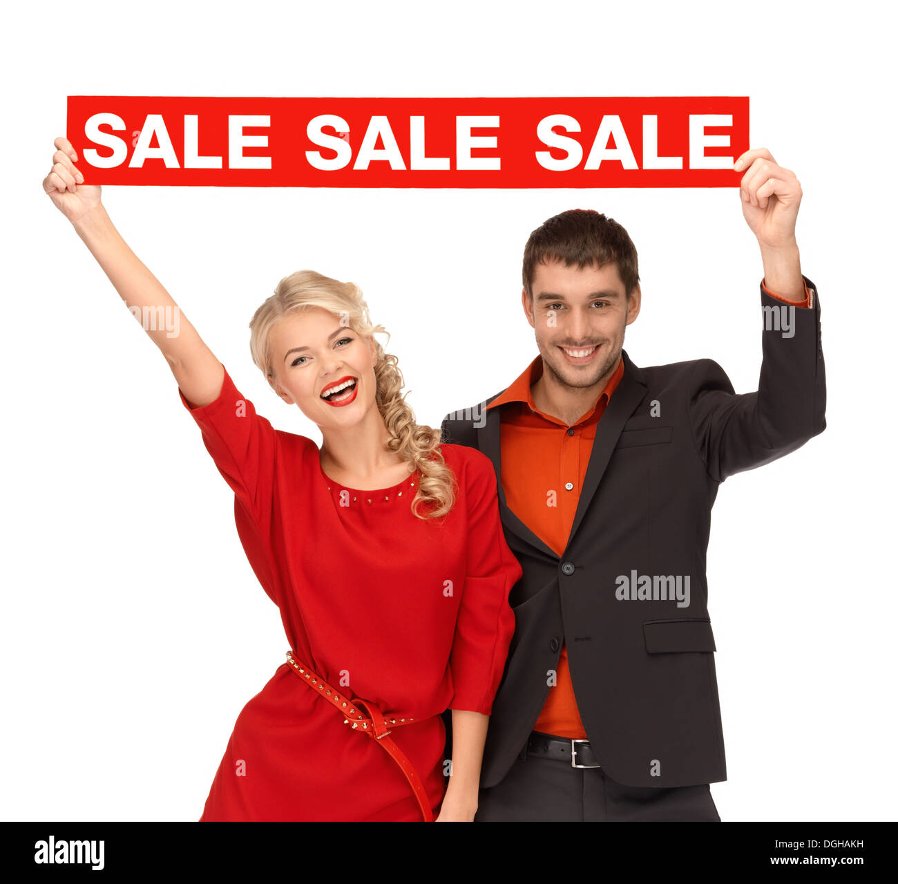 woman and man with red sale sign Stock Photo - Alamy