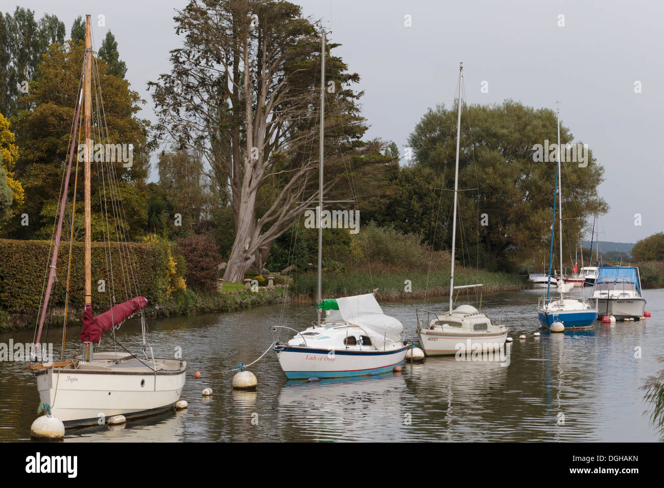 Boats moored on river in Wareham, Dorset. River Frome Stock Photo - Alamy