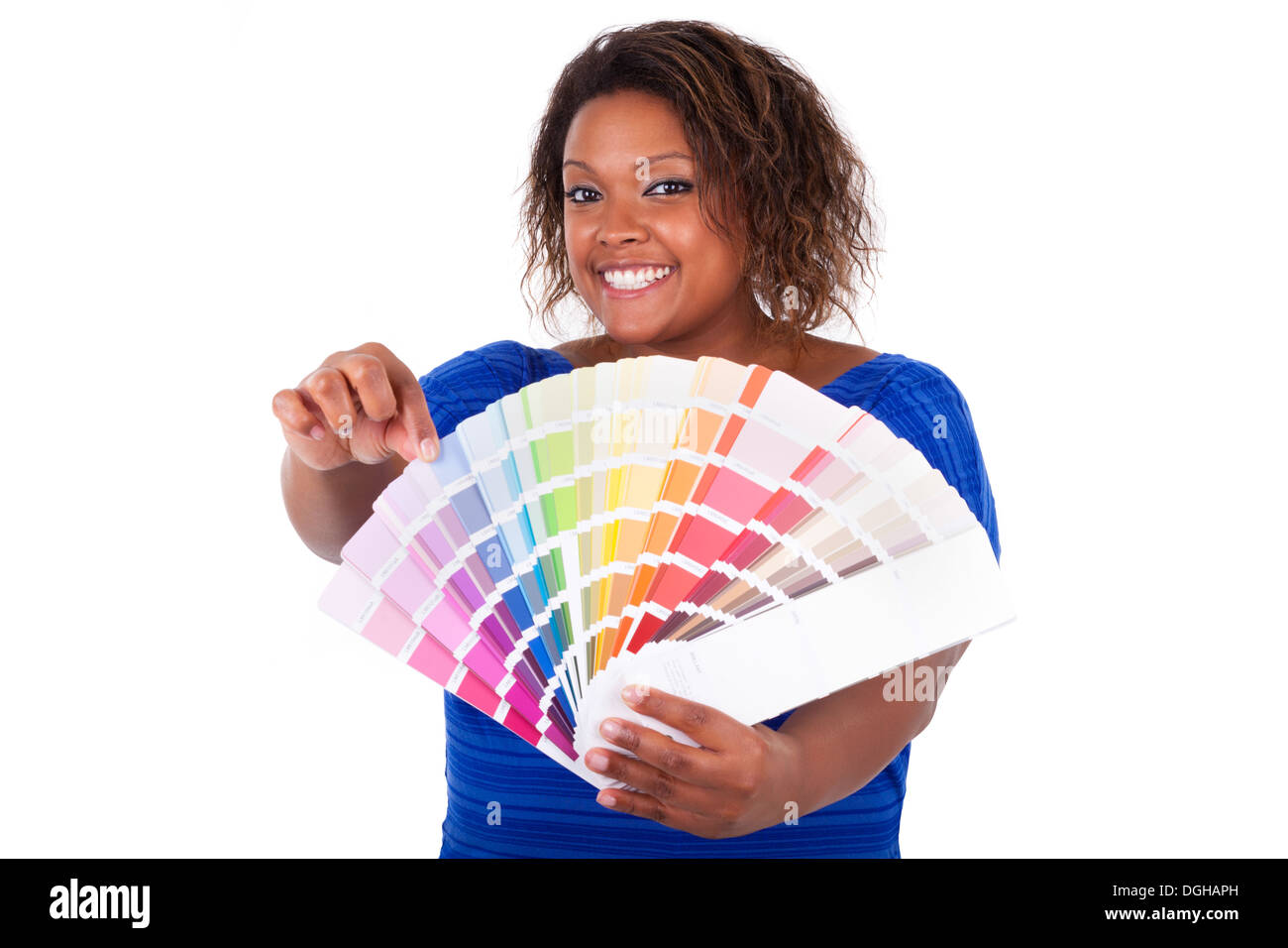 African American woman holding a color palette, isolated on white ...