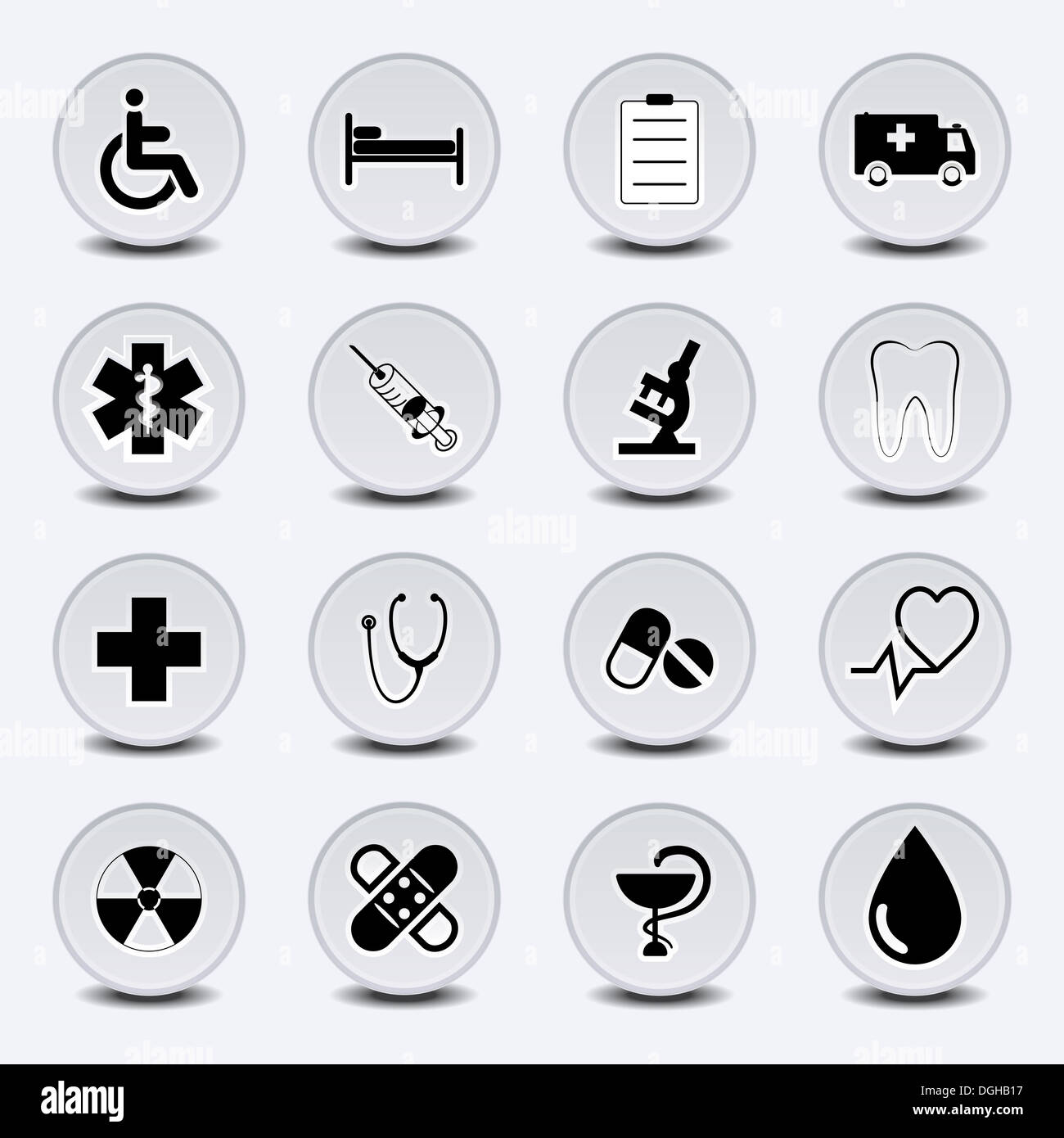 Set of icons on a medical subject, a round form, in light gray tones ...