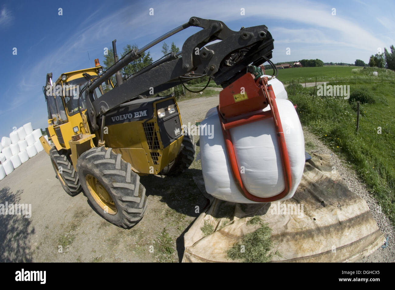 Plastic wrapped round silage bales, stacked onto pile with mechanical ...