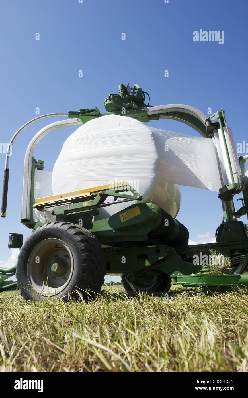 Plastic wrapped round silage bale, wrapped by mechanical bale-wrapper ...
