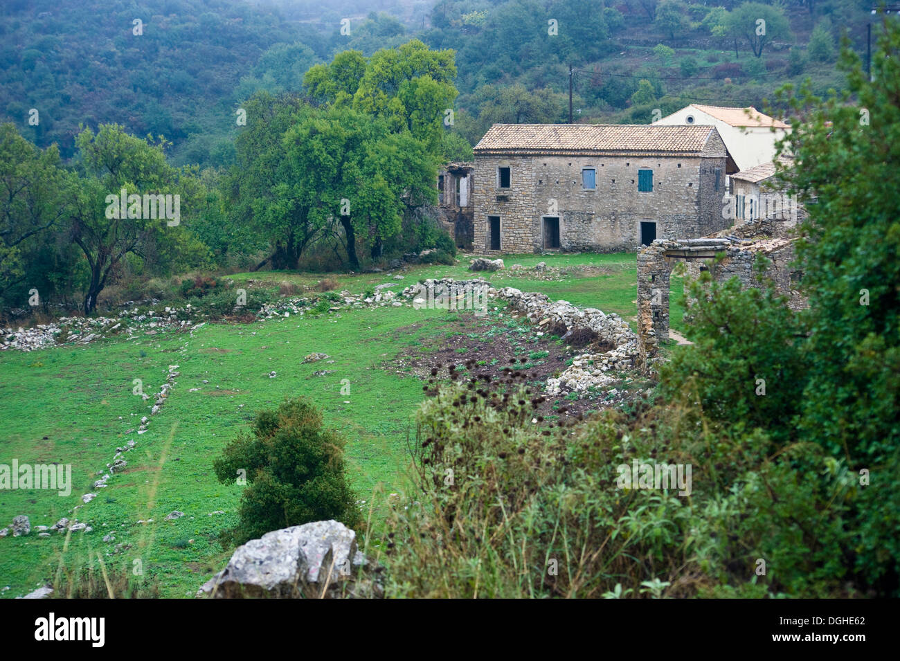 Old Perithia village in the mountains of Corfu island, off the coast of ...
