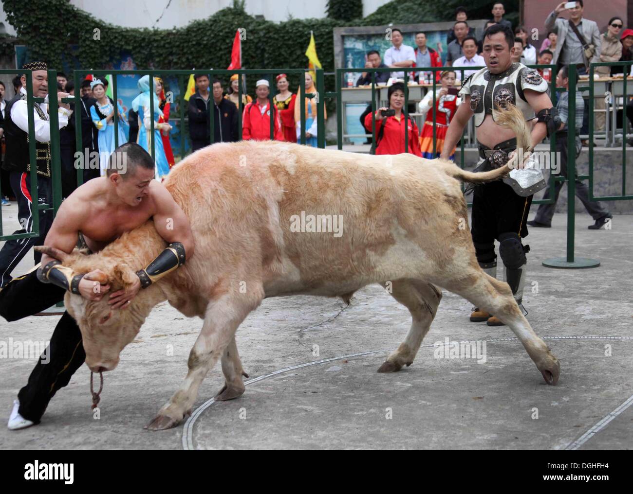 A man fights with a bull during a traditional game of ethnic Hui ...