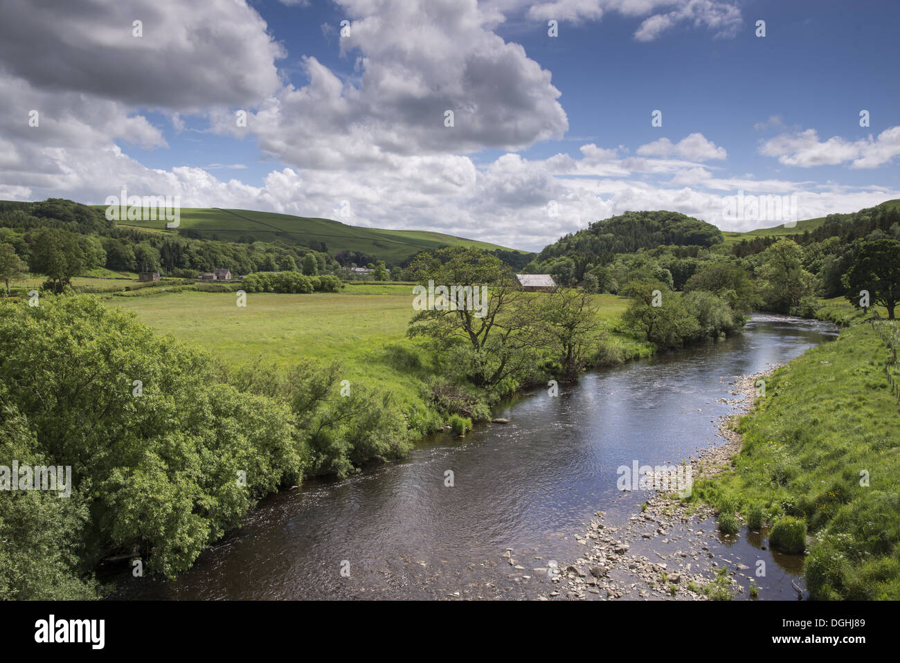 View of river flowing through farmland, River Hodder, Whitewell, Forest ...