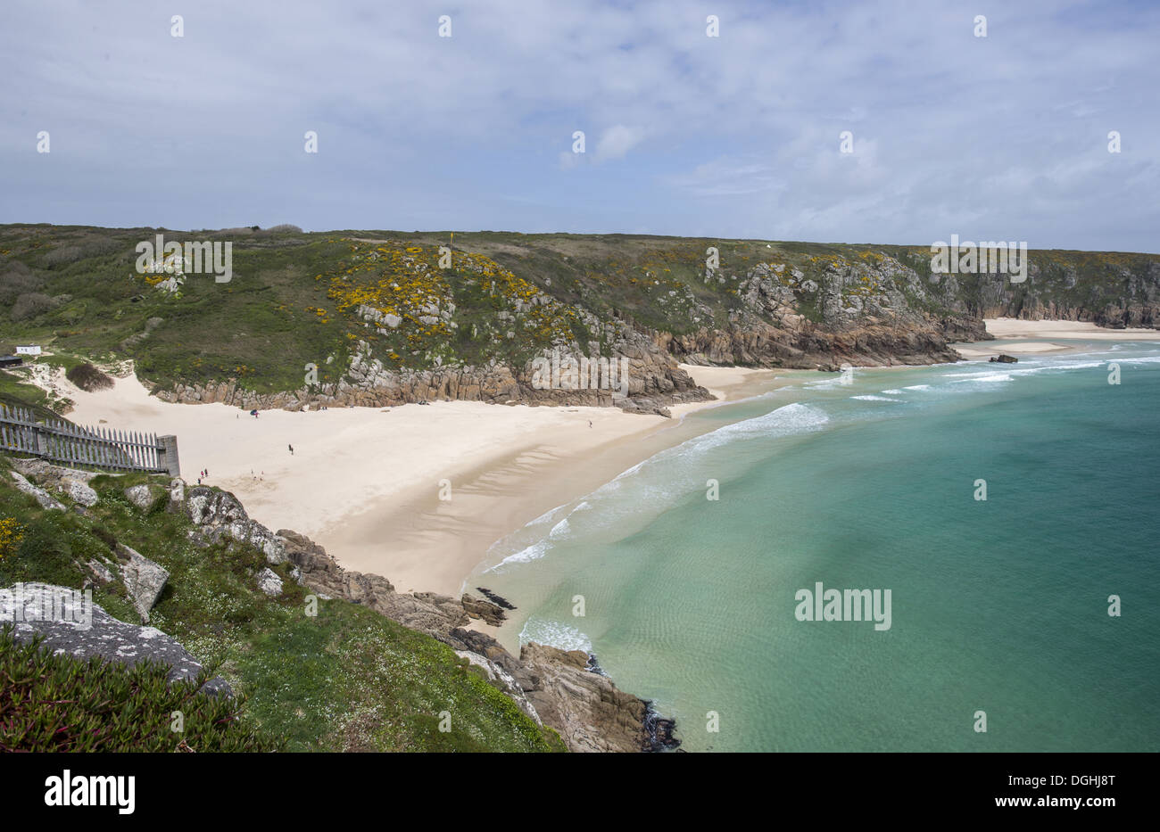 View of sandy beach and coastline, Porthcurno, Cornwall, England, May ...
