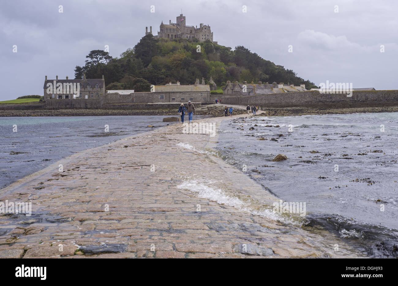 Seawater covering manmade causeway to tidal island, St. Michael's Mount ...