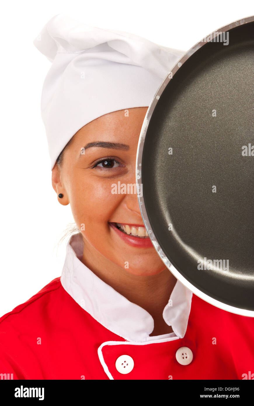 Happy chef woman face behind frying pan isolated on white background ...
