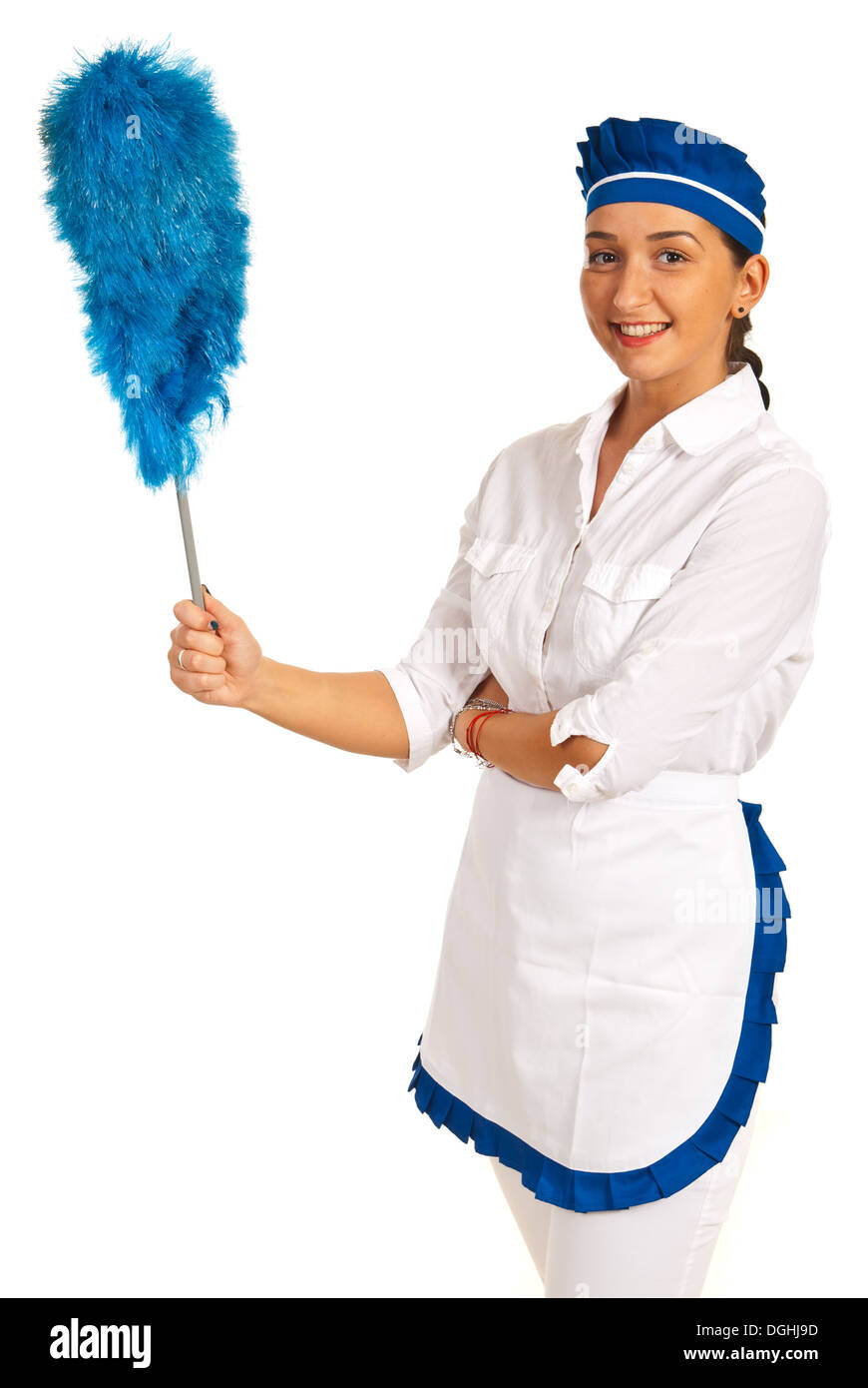 Cheerful maid woman holding whisk dust isolated on white background ...