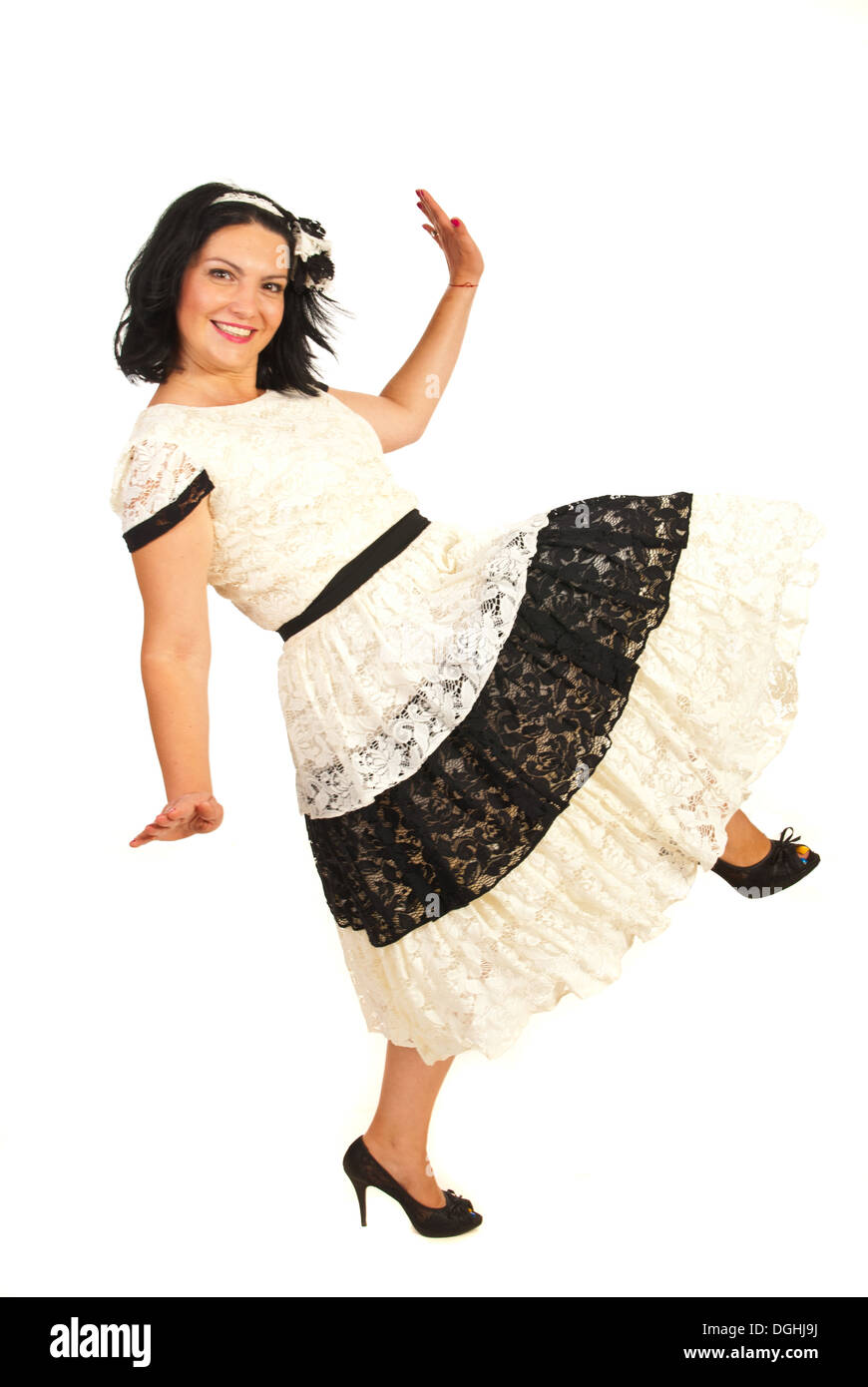 Cheerful woman in elegant dress posing isolated on white background ...