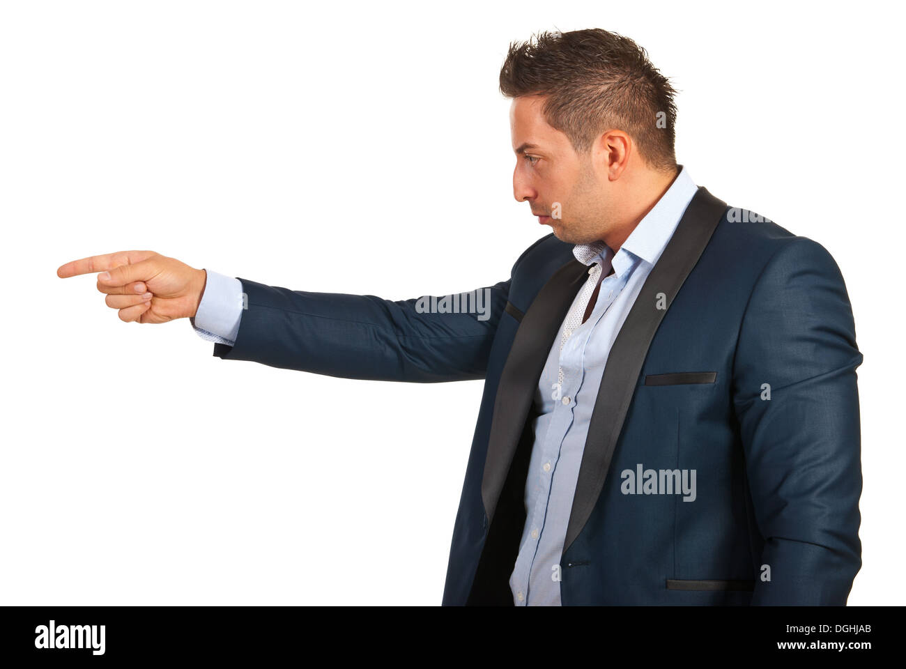 Accuser executive man pointing to copy space isolated on white ...