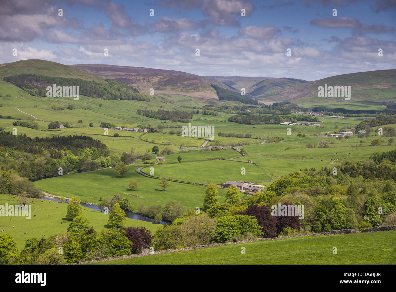 View across valley landscape with river, River Hodder, Hodder Valley ...
