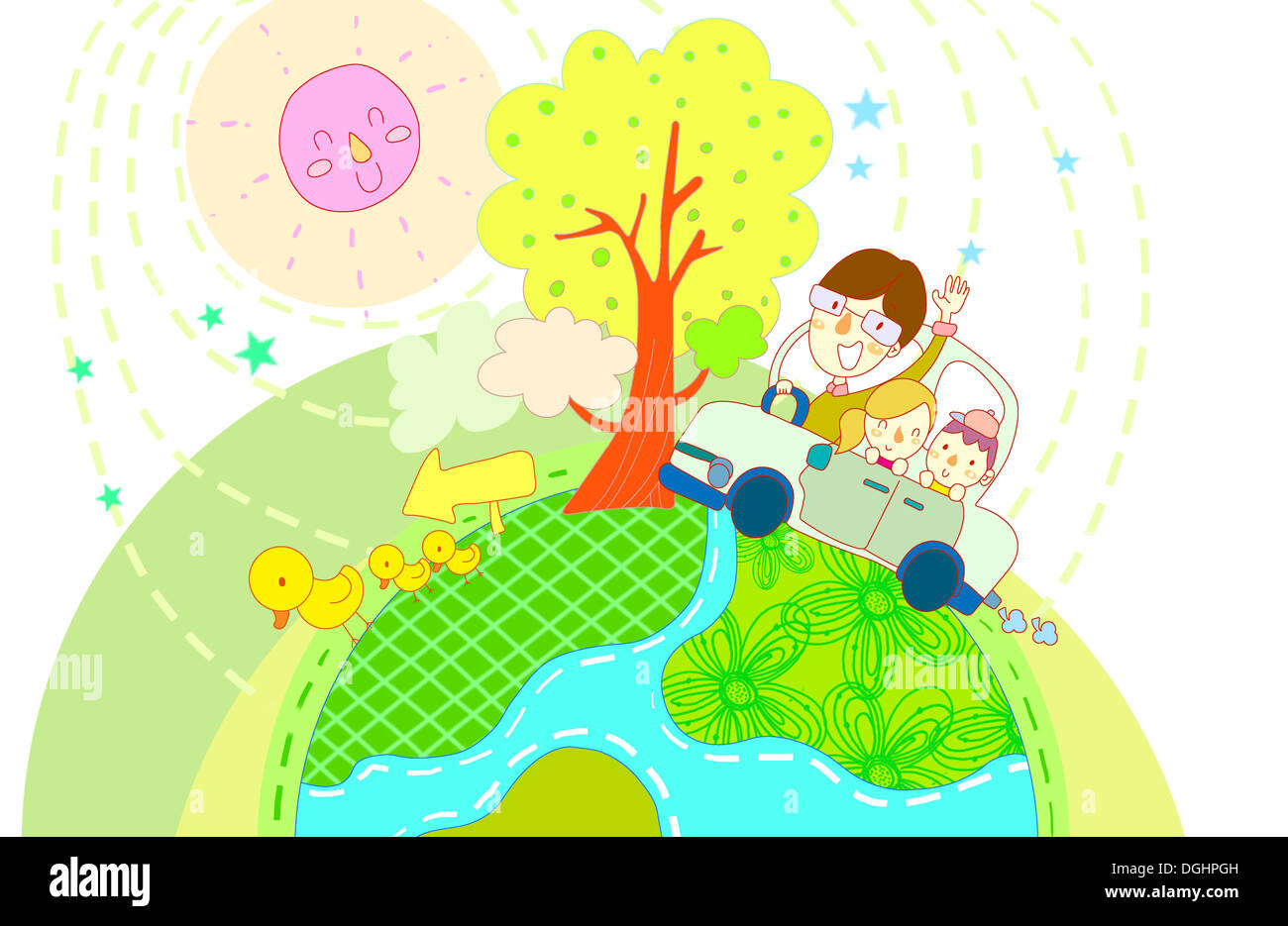 illustration of the globe with a car driving on it Stock Photo - Alamy