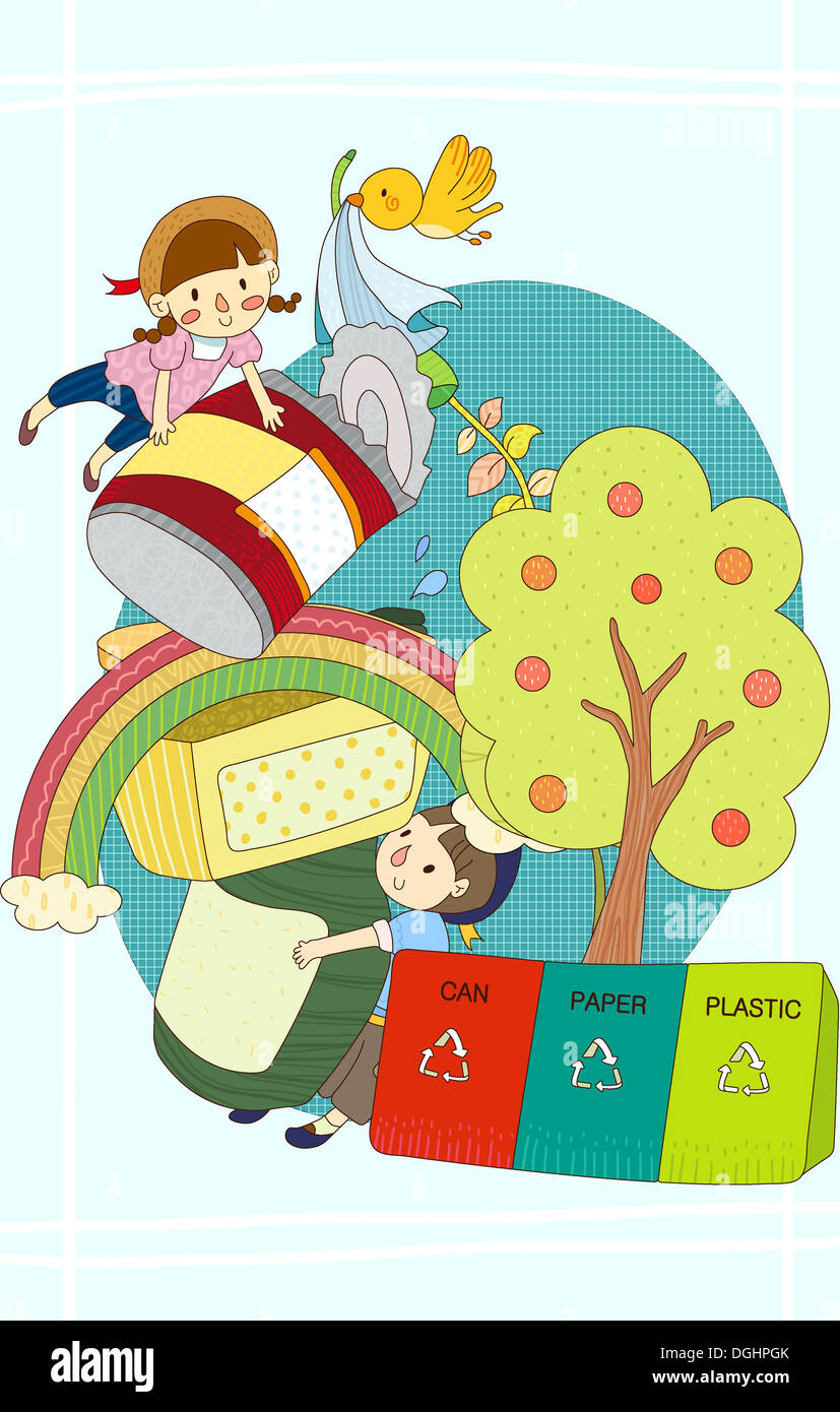 illustration of recycling bins with girls Stock Photo - Alamy