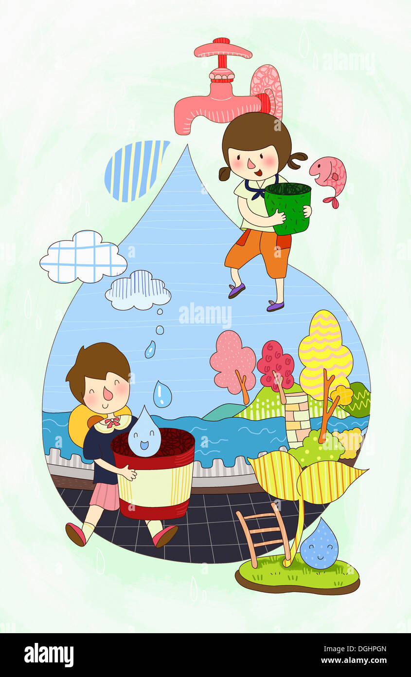 illustration of a couple collecting water Stock Photo - Alamy