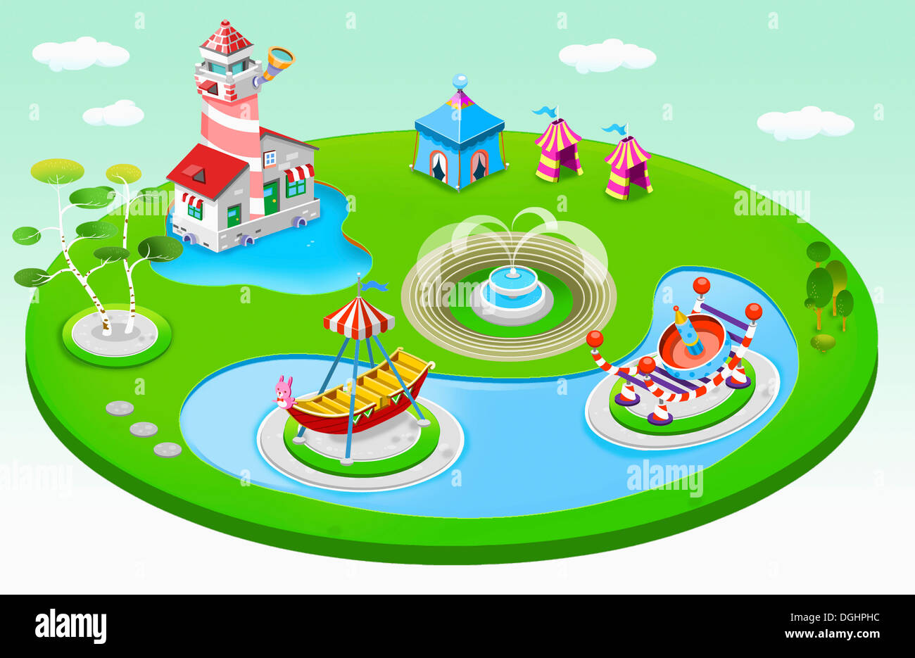 illustration of a circle shape land area with buildings Stock Photo - Alamy
