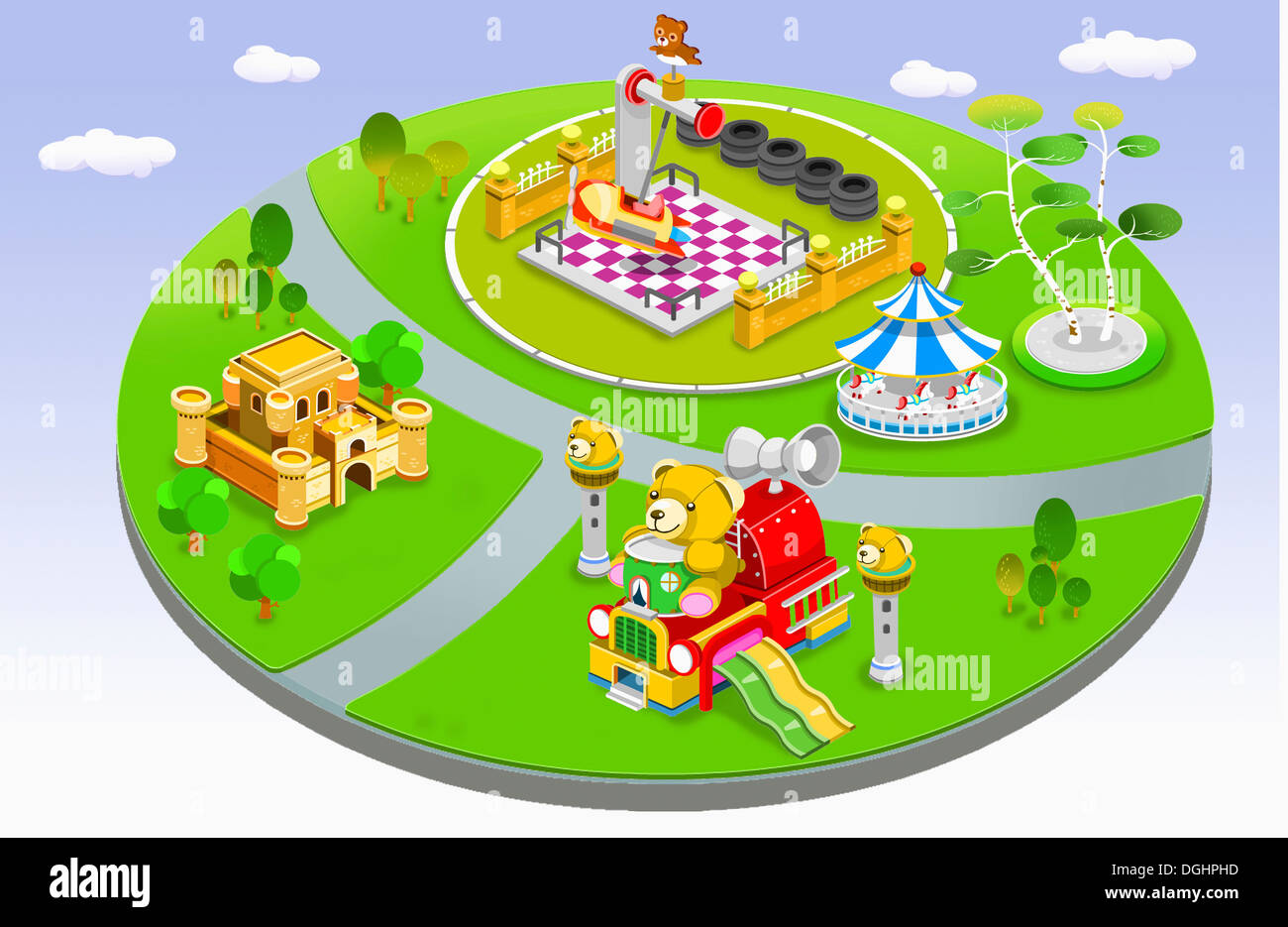 illustration of a circle shape land area with buildings Stock Photo - Alamy