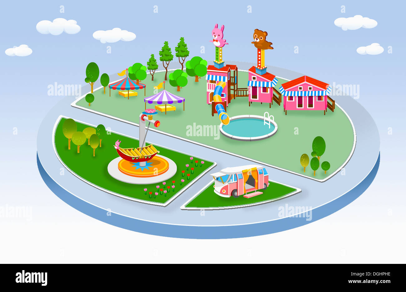 illustration of a circle shape land area with buildings Stock Photo - Alamy