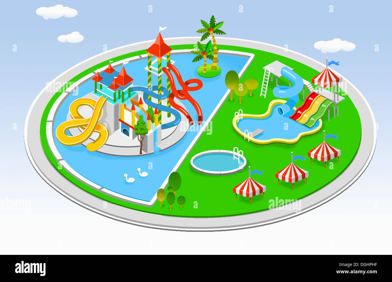 illustration of a circle shape land area with buildings Stock Photo - Alamy