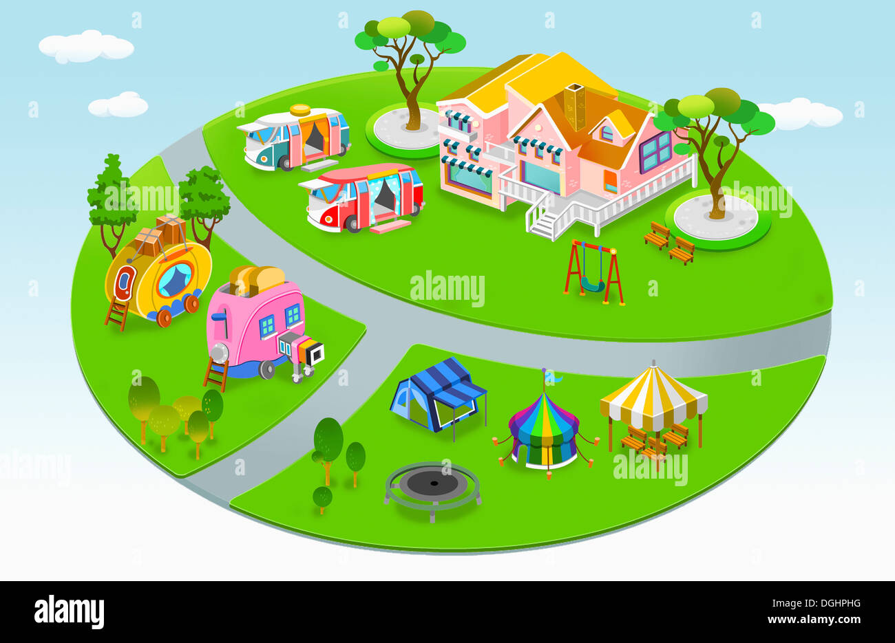 illustration of a circle shape land area with buildings Stock Photo - Alamy