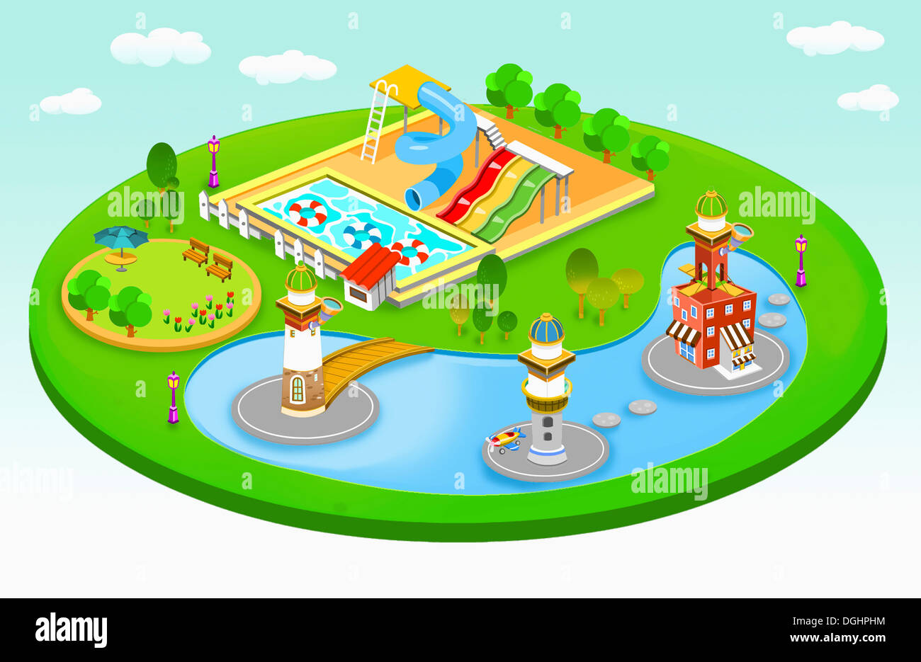 illustration of a circle shape land area with buildings Stock Photo - Alamy