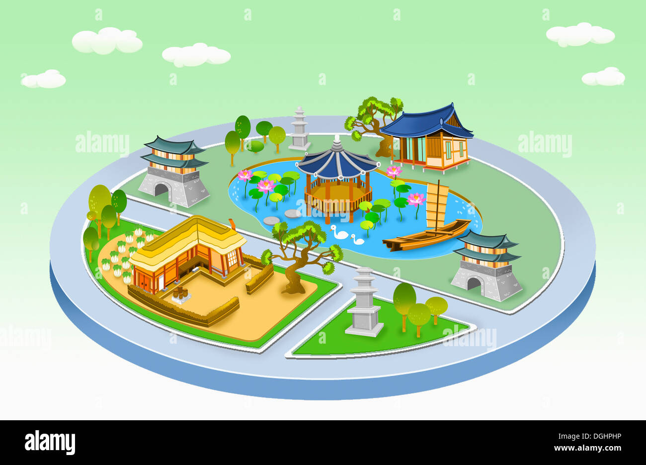 illustration of a circle shape land area with buildings Stock Photo - Alamy