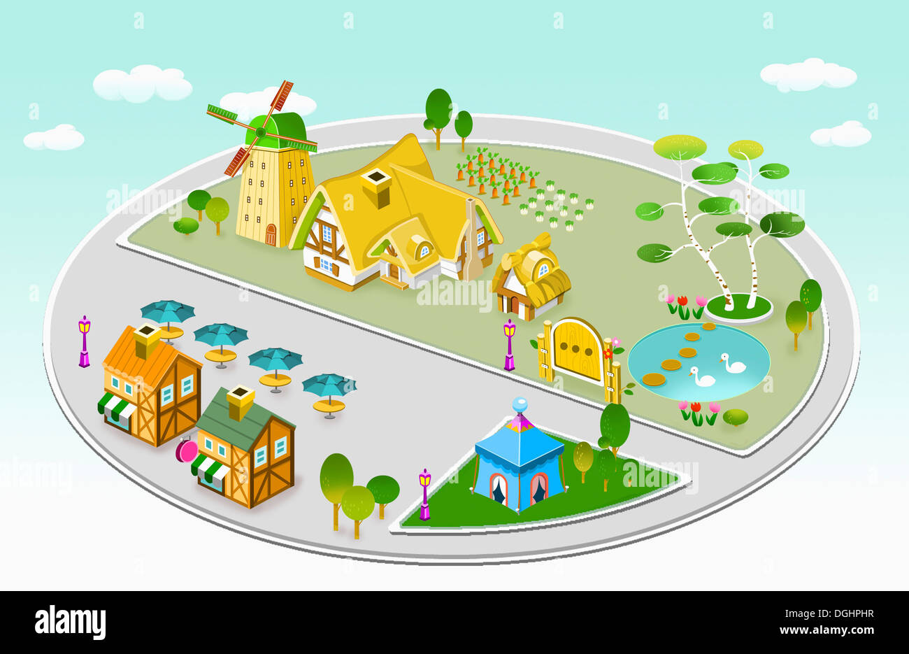 illustration of a circle shape land area with buildings Stock Photo - Alamy