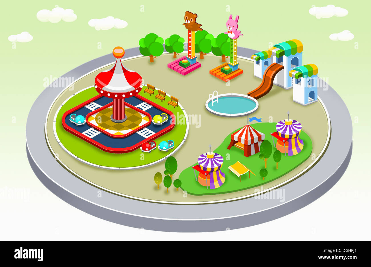 illustration of a circle shape land area with buildings Stock Photo - Alamy
