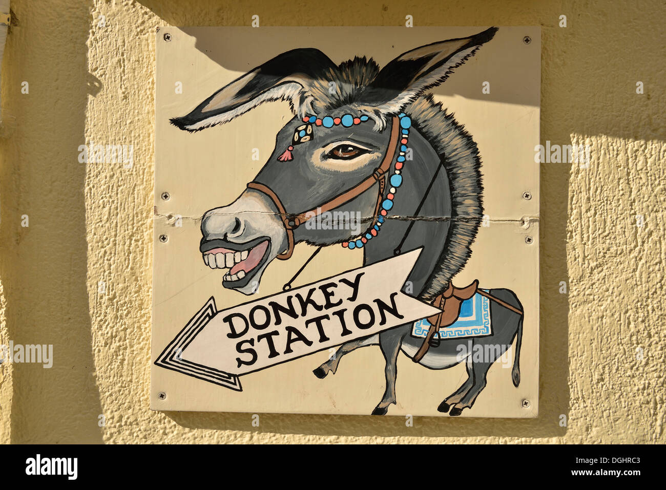 Sign "Donkey Station", in Firá or Thira, the capital of Santorini ...