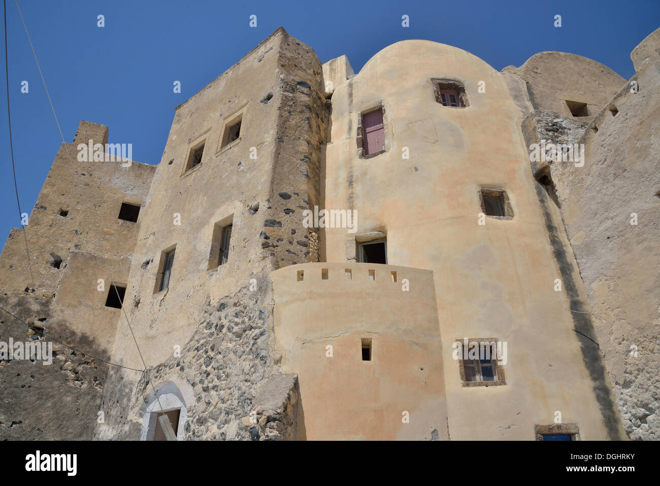 Medieval buildings in the old town of Emborió, Santorini, Cyclades ...
