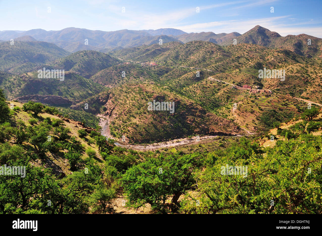 River valley in the Anti-Atlas Mountains, hills with Argan Trees ...