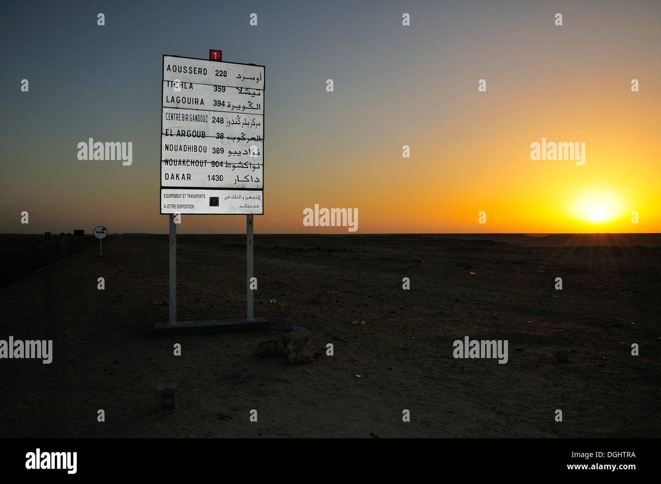 Distance information board at Dakhla towards Mauritania and Senegal ...