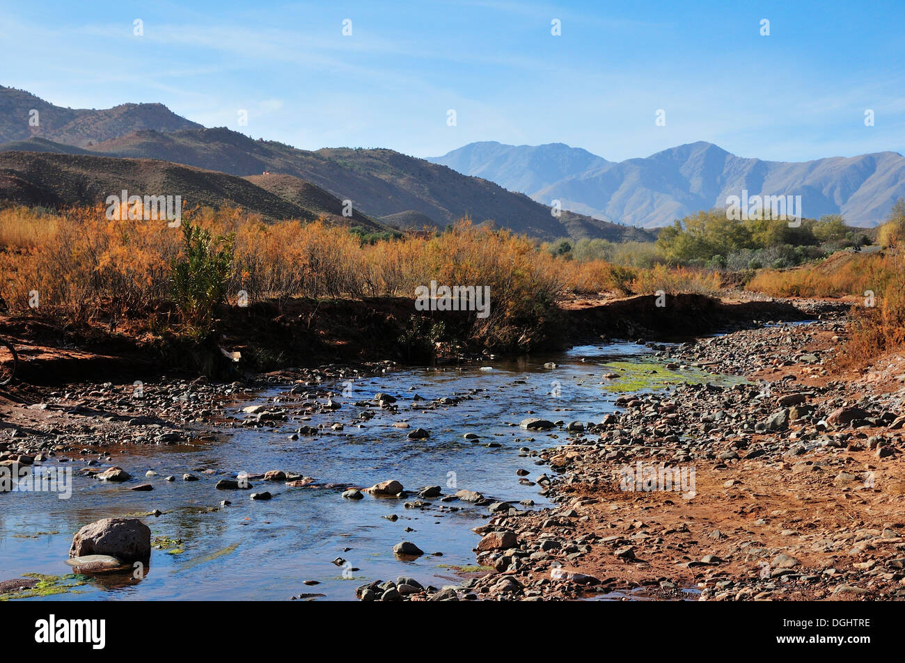 Small river in a barren landscape, Souss-Massa-Draâ, Antiatlas, Morocco ...