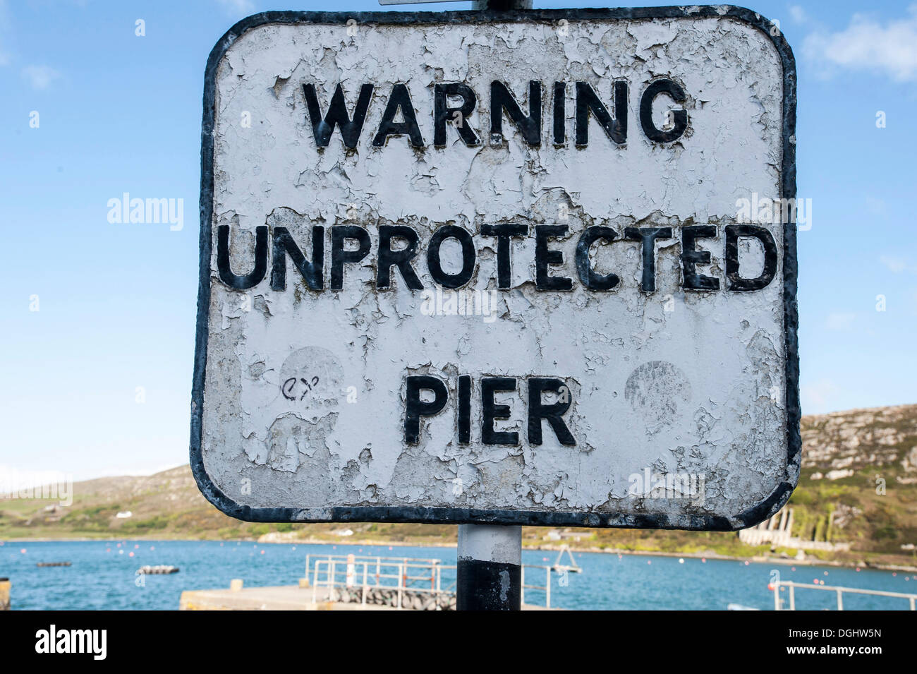 Warning sign, "warning unprotected pier", Crookhaven, County Cork ...