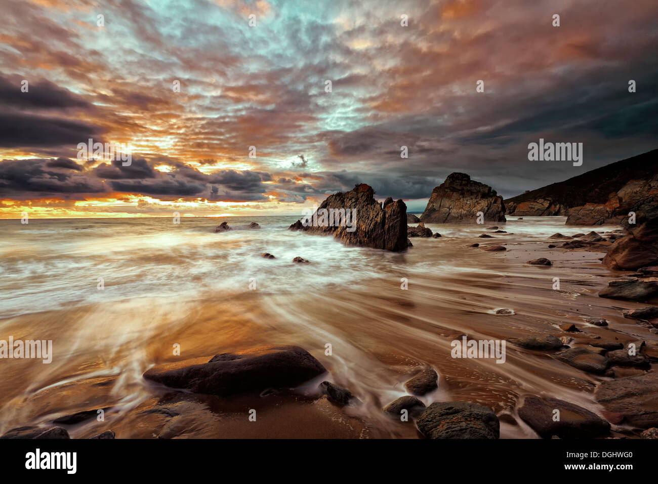 A view across the beach at Freathy Stock Photo - Alamy