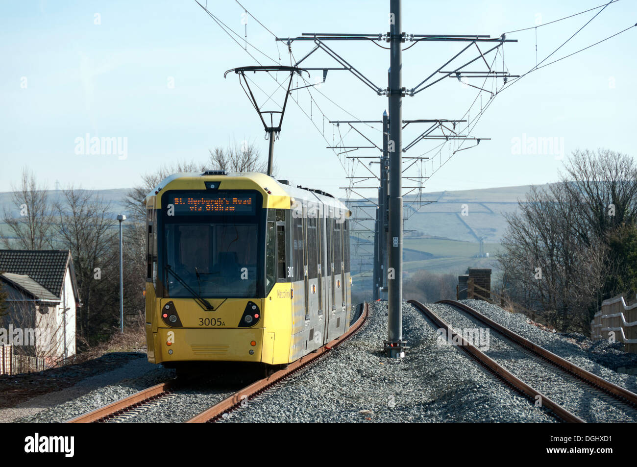 Metrolink tram near the Newbold stop, on the Oldham-Rochdale line ...