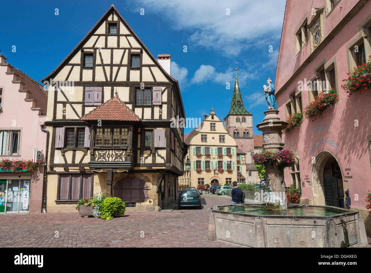 Old town centre with fountain, Turckheim, Alsace, France Stock Photo ...