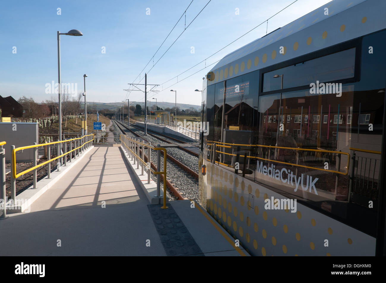 Metrolink tram at the Kingsway Business Park stop, on the Oldham ...