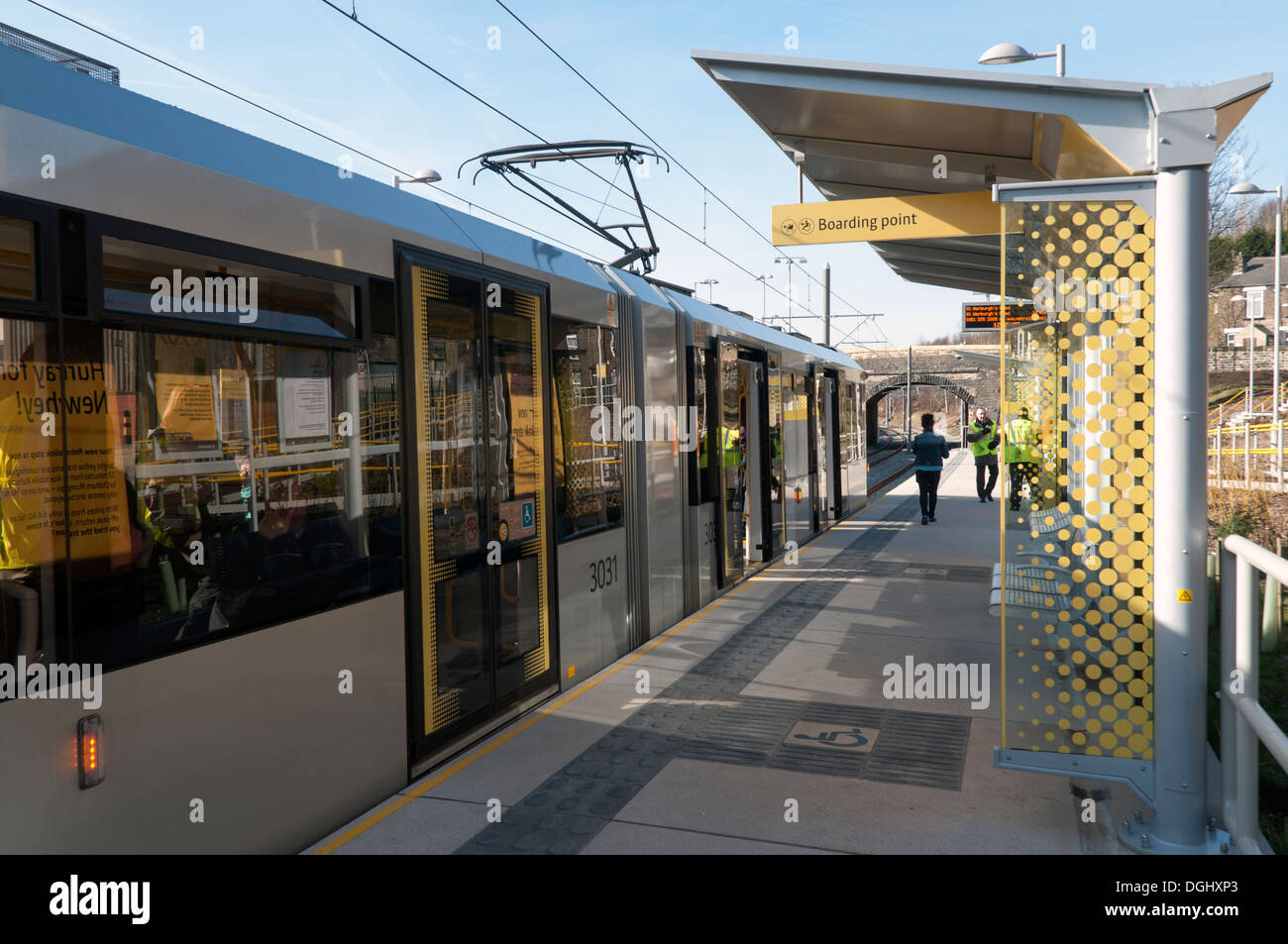 Metrolink tram at the Newhey stop, on the Oldham-Rochdale line, Newhey ...