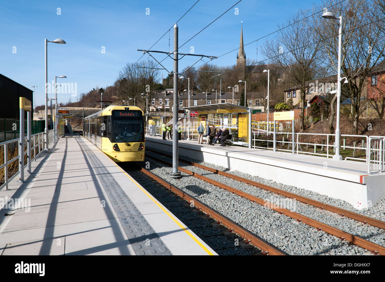 Metrolink tram at the Newhey stop, on the Oldham-Rochdale line, Newhey ...