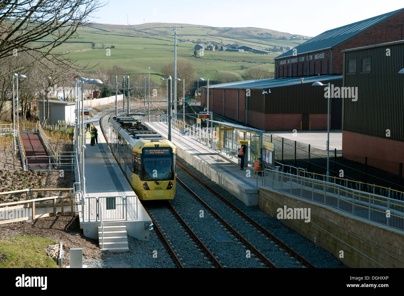 Metrolink tram at the Newhey stop, on the Oldham-Rochdale line, Newhey ...