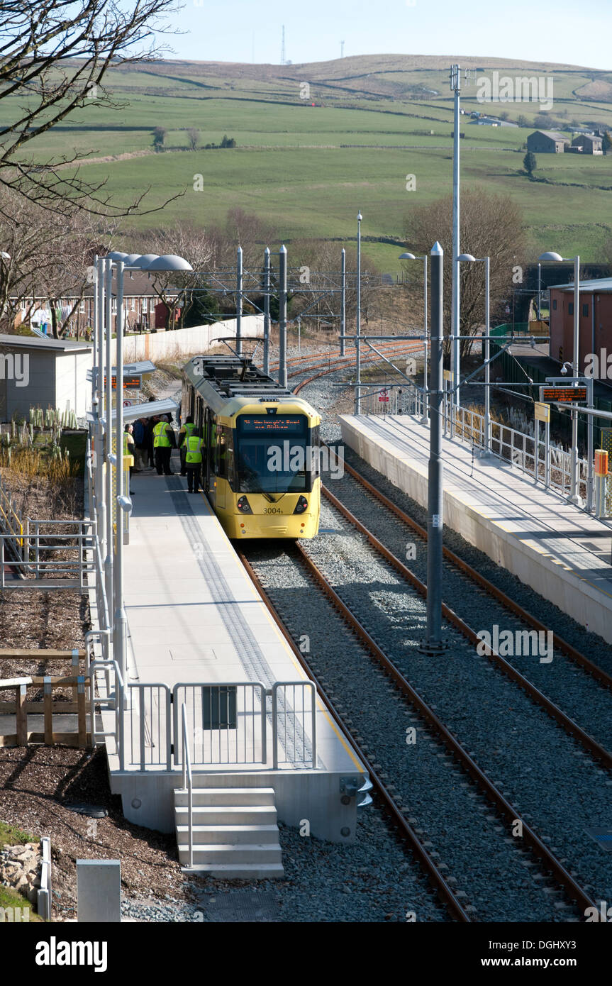 Metrolink tram at the Newhey stop, on the Oldham-Rochdale line, Newhey ...