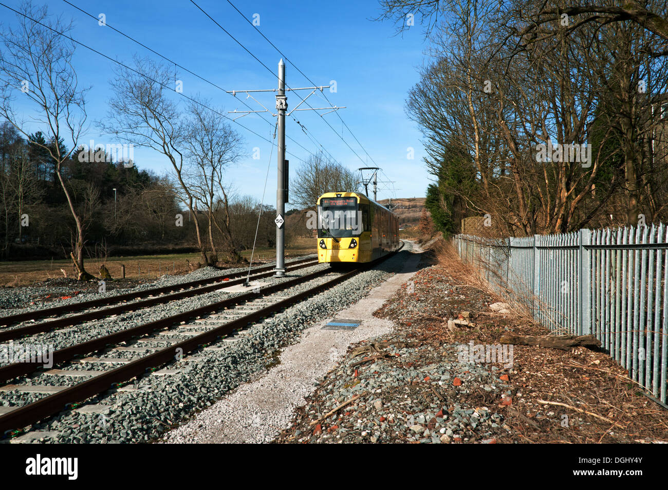 Metrolink tram in the river Beal valley, on the Oldham-Rochdale line ...